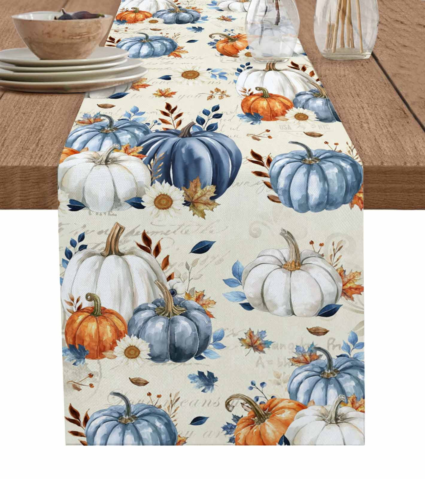 Fall Blue Pumpkin Table Runner 90 Inches, Thanksgiving Autumn Daisy ...