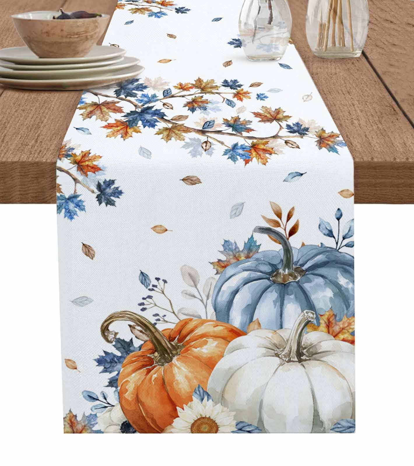 Fall Blue Pumpkins Burlap-Cotton Table Runner 120 Inches Long,Orange ...