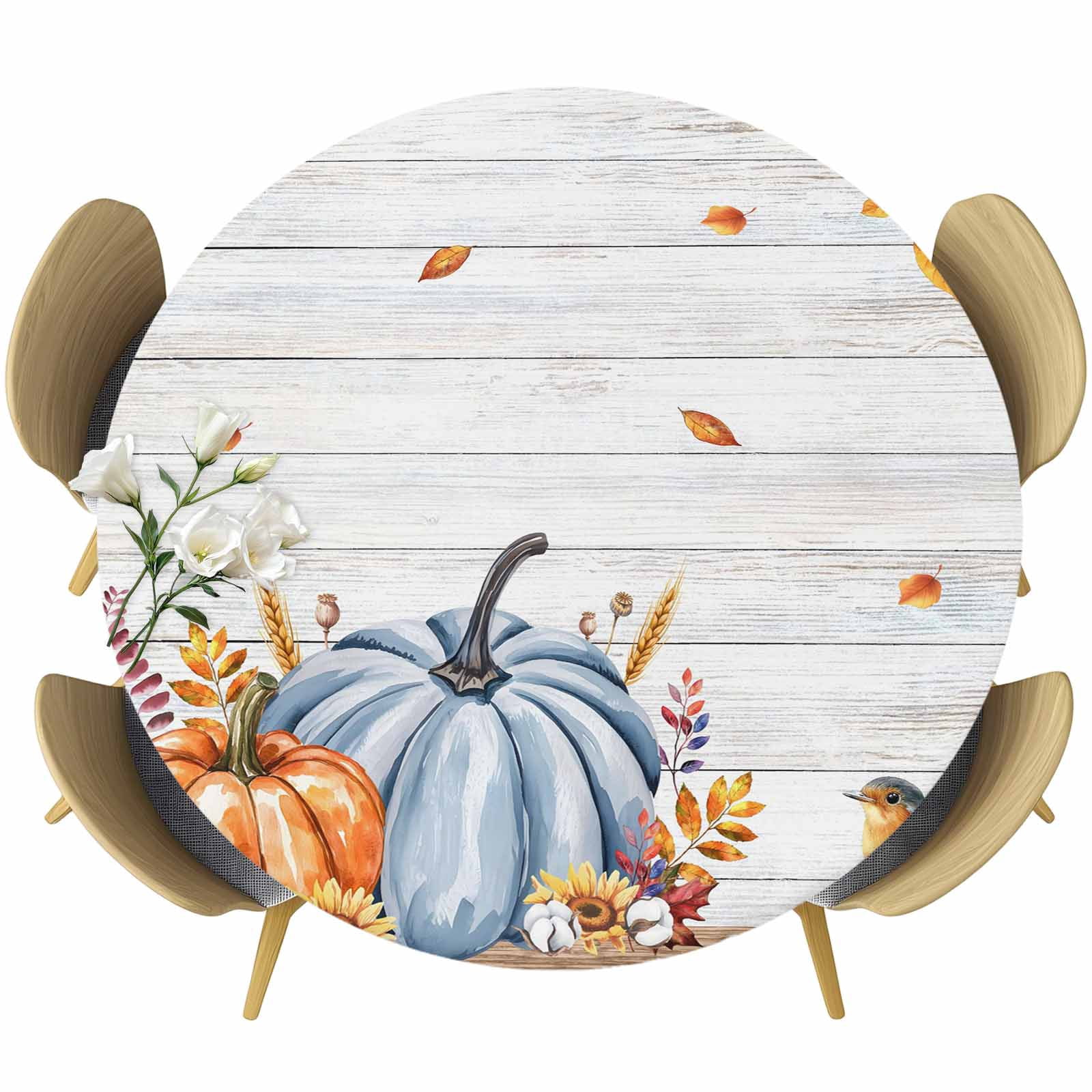 Fall Blue Pumpkins Round Tablecloth, Fitted Table Cover with Elastic ...