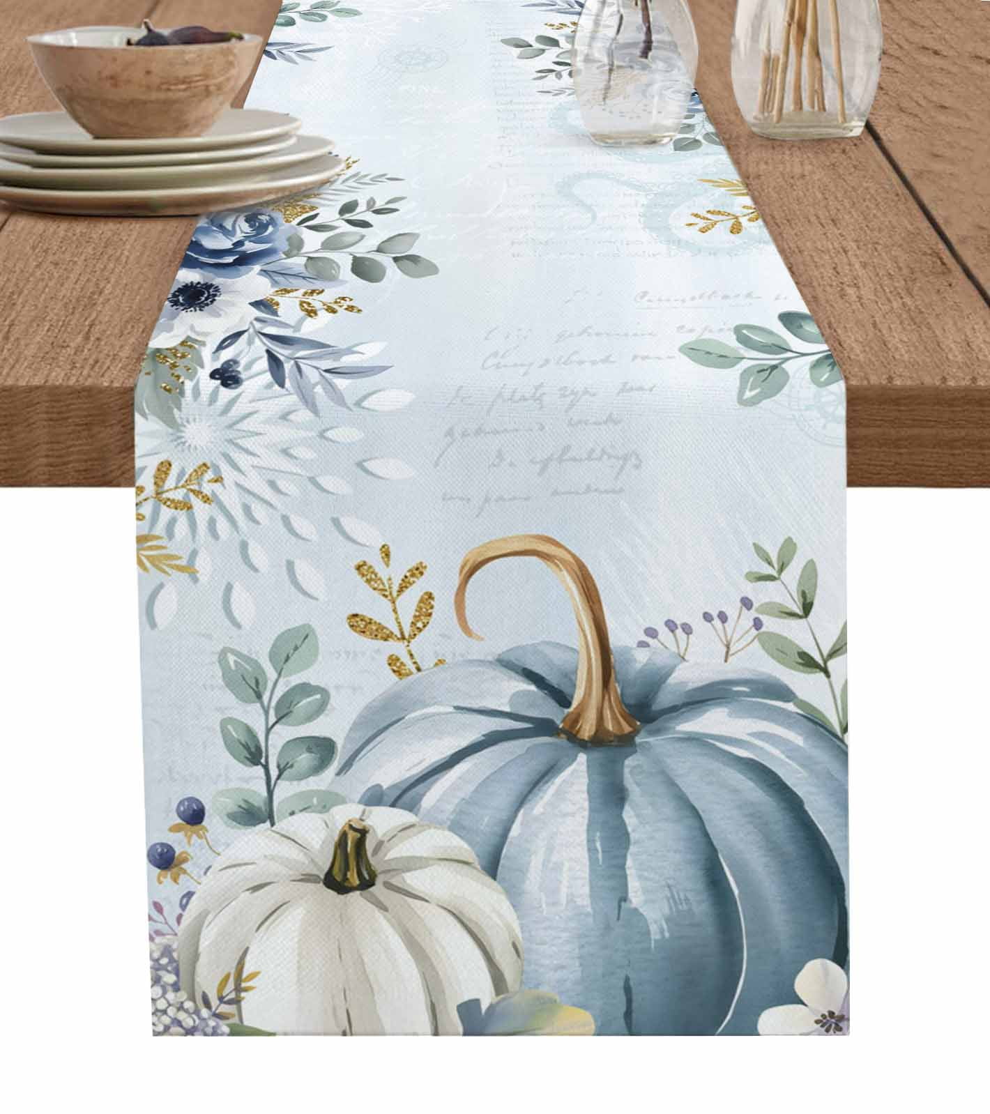 Fall Blue Pumpkins Table Runner 108 Inches, Coastal Ocean Flower ...