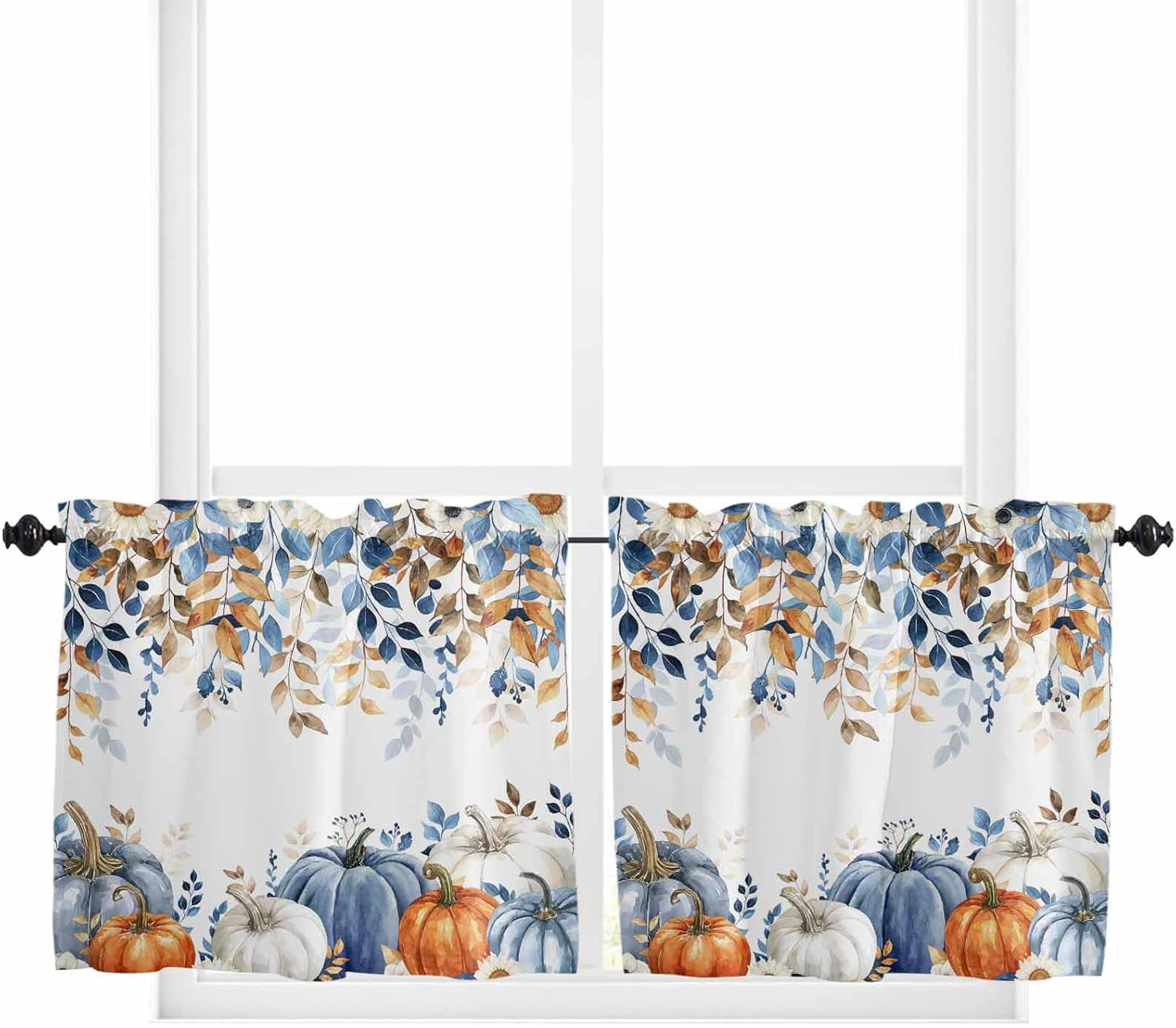 Fall Blue Pumpkins Tier Curtains 24 Inch Length - 2 Panels, Rod Pocket ...