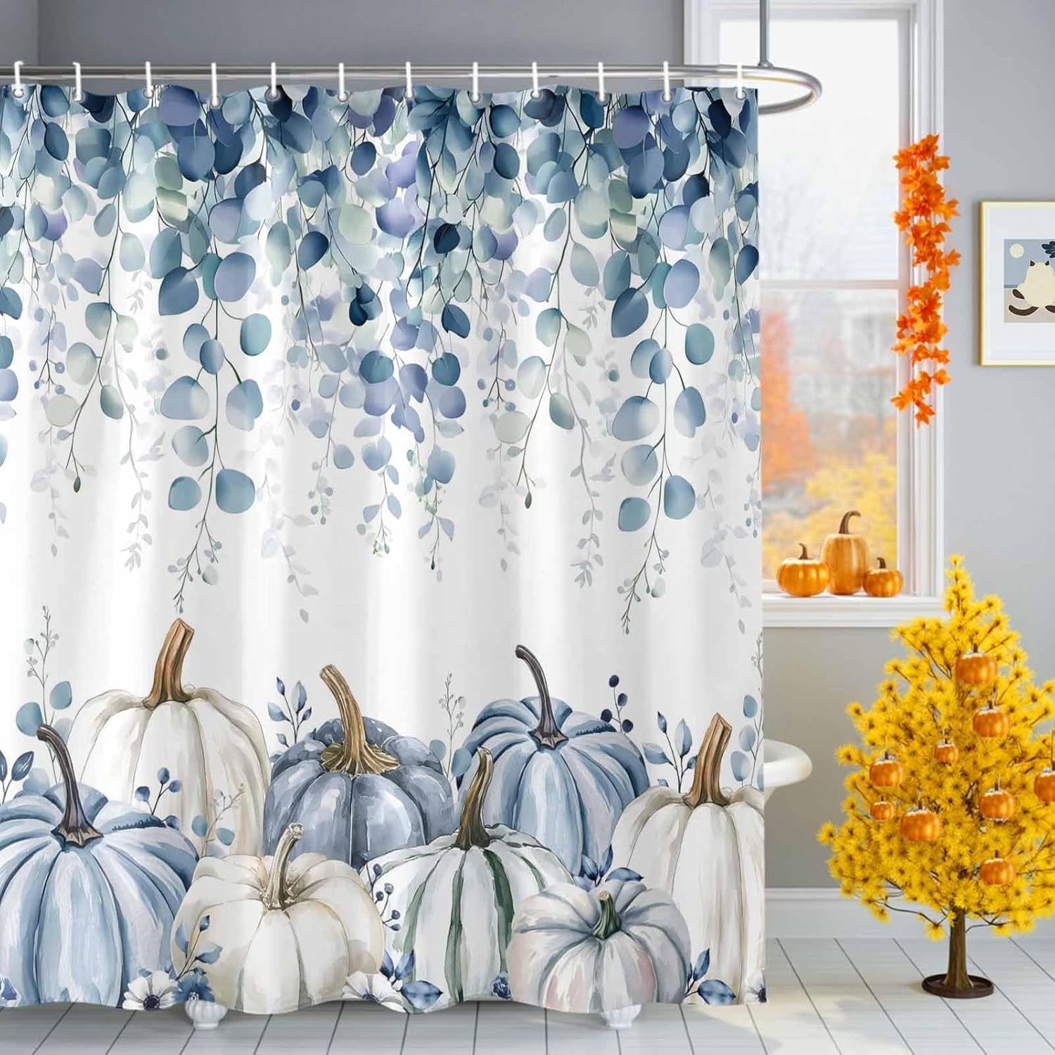 Fall Blue White Pumpkin Fabric Shower Curtain Set, Thanksgiving ...