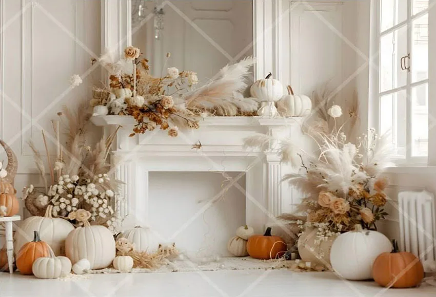 Fall Boho White Room Fireplace Pumpkin Kids Family Maternity Portrait r ...