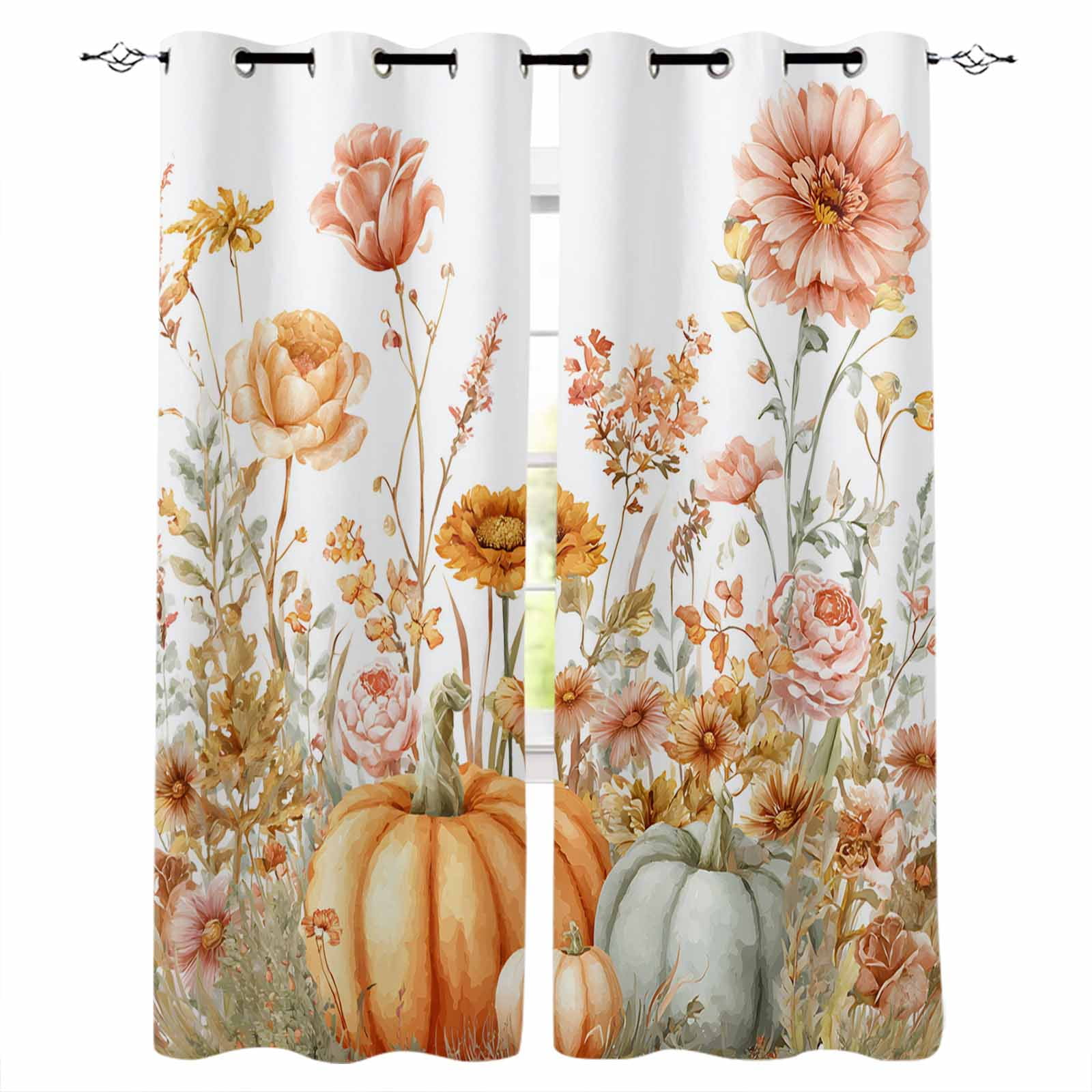 Fall Botanical Blackout Curtains 45 Inches Long, Pumpkins Floral Autumn ...