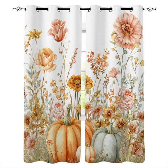 Fall Botanical Blackout Curtains 45 Inches Long, Pumpkins Floral Autumn ...