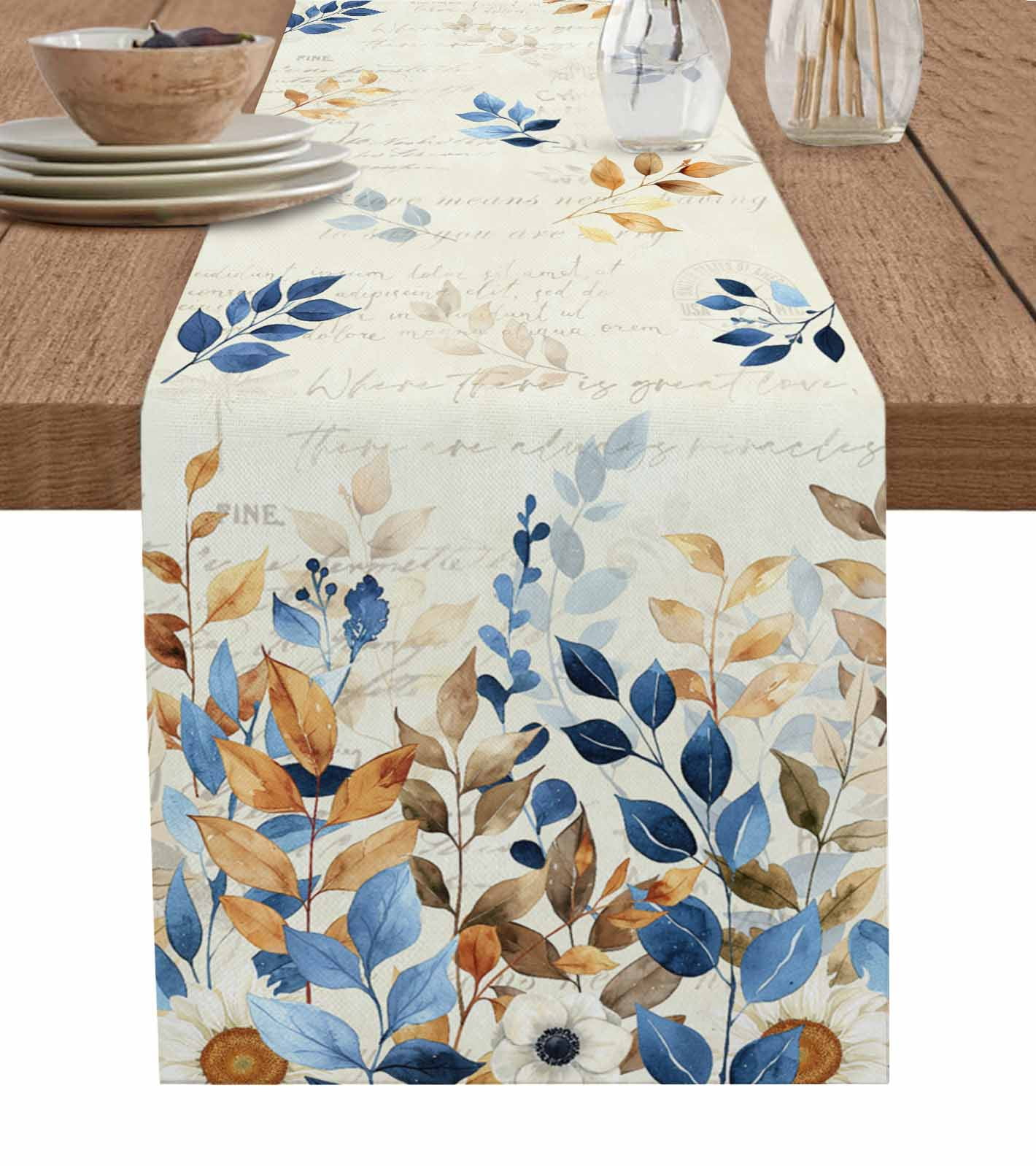 Fall Botanical Leaves Burlap-Cotton Table Runner 72 Inches Long,Blue ...