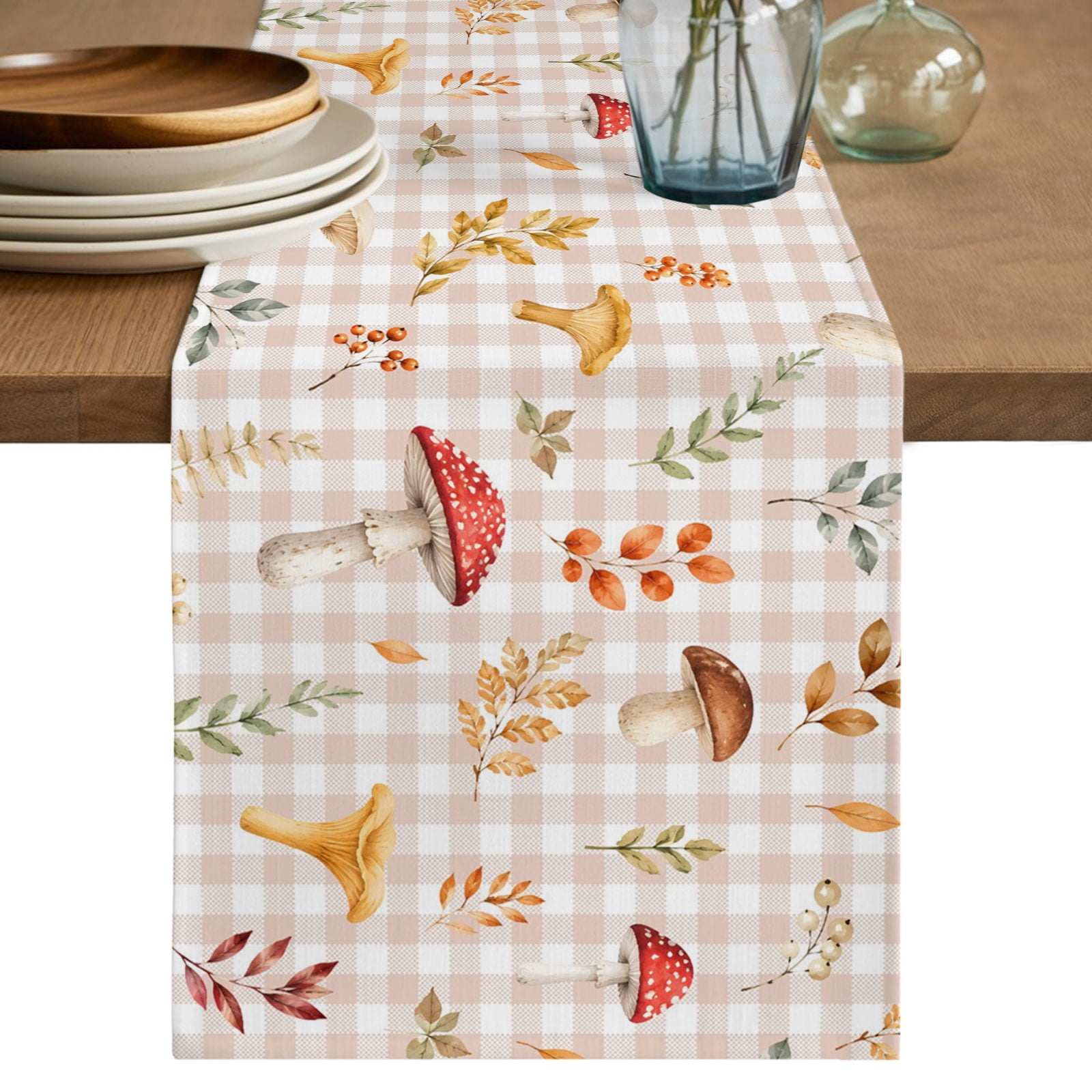 Fall Botanical Table Runner, Red Mushroom Green Brown Leaf Berry Rustic ...