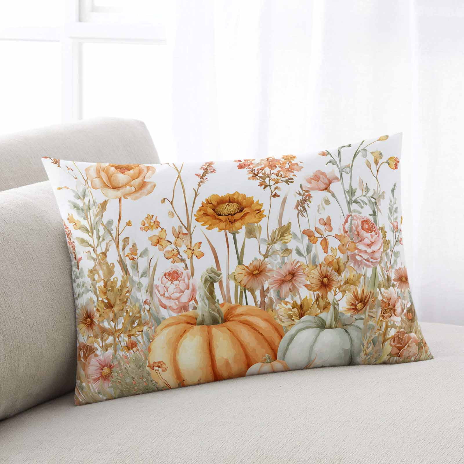 Fall Botanical Throw Pillow Covers, Pumpkins Floral Autumn Farmhouse ...