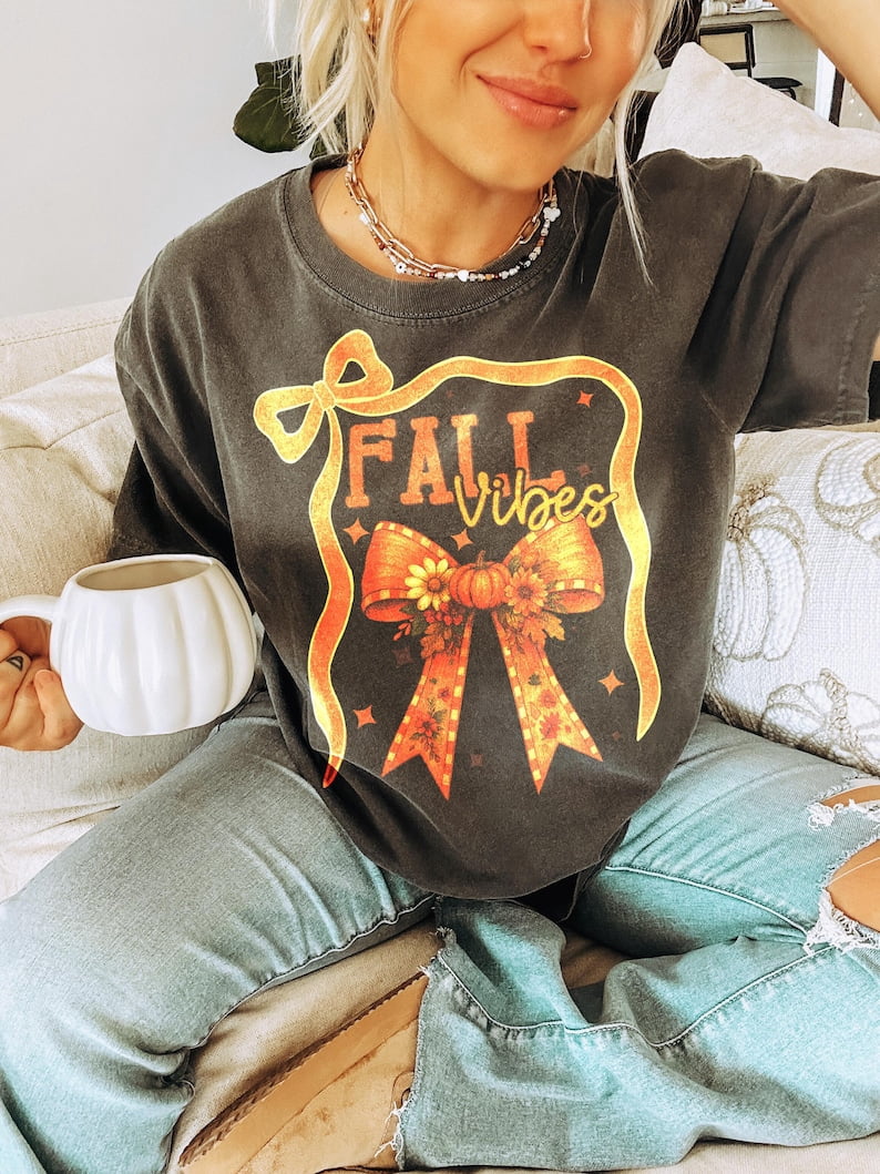 Fall Bow Front and Back Shirt, Coquette Autumn Tee with Pumpkin Floral ...