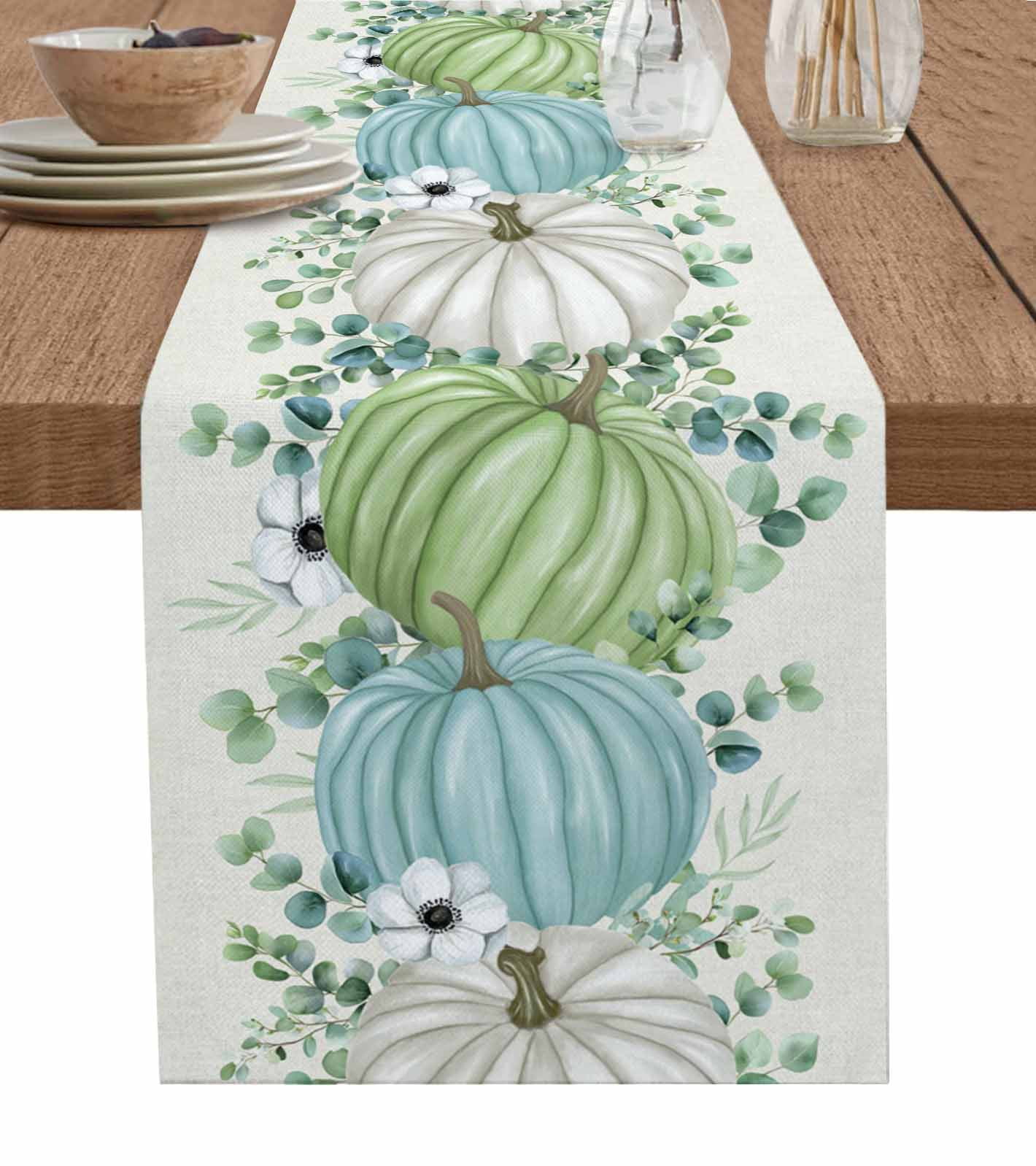 Fall Burlap Cotton Table Runner 14x72 Inches Long, Blue Green Pumpkins ...