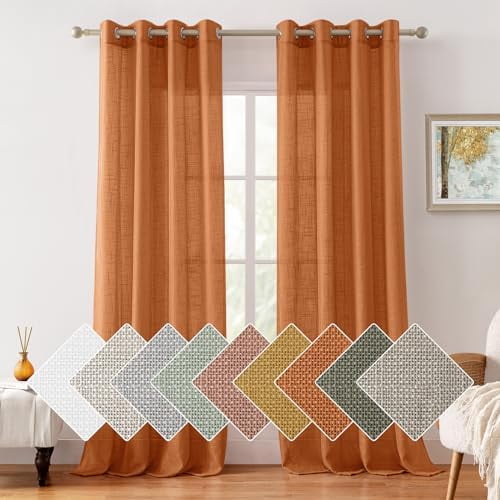Fall Burnt Orange Linen Sheer Curtains, 96 Inches Long 2 Panels ...