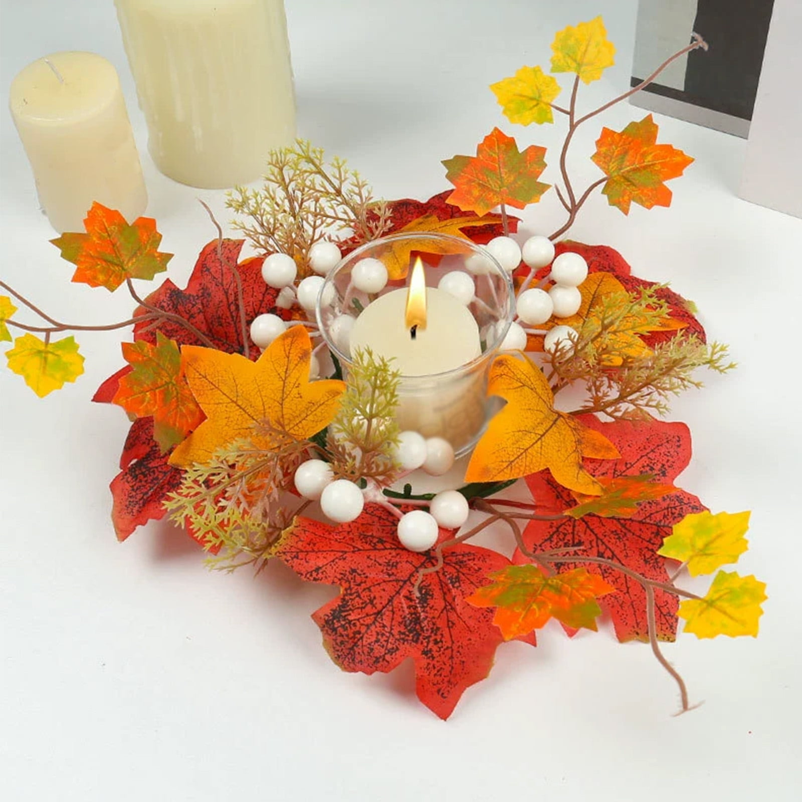 Fall Candle Rings Wreaths Thanksgiving Artificial Pumpkin Maple Leaf ...