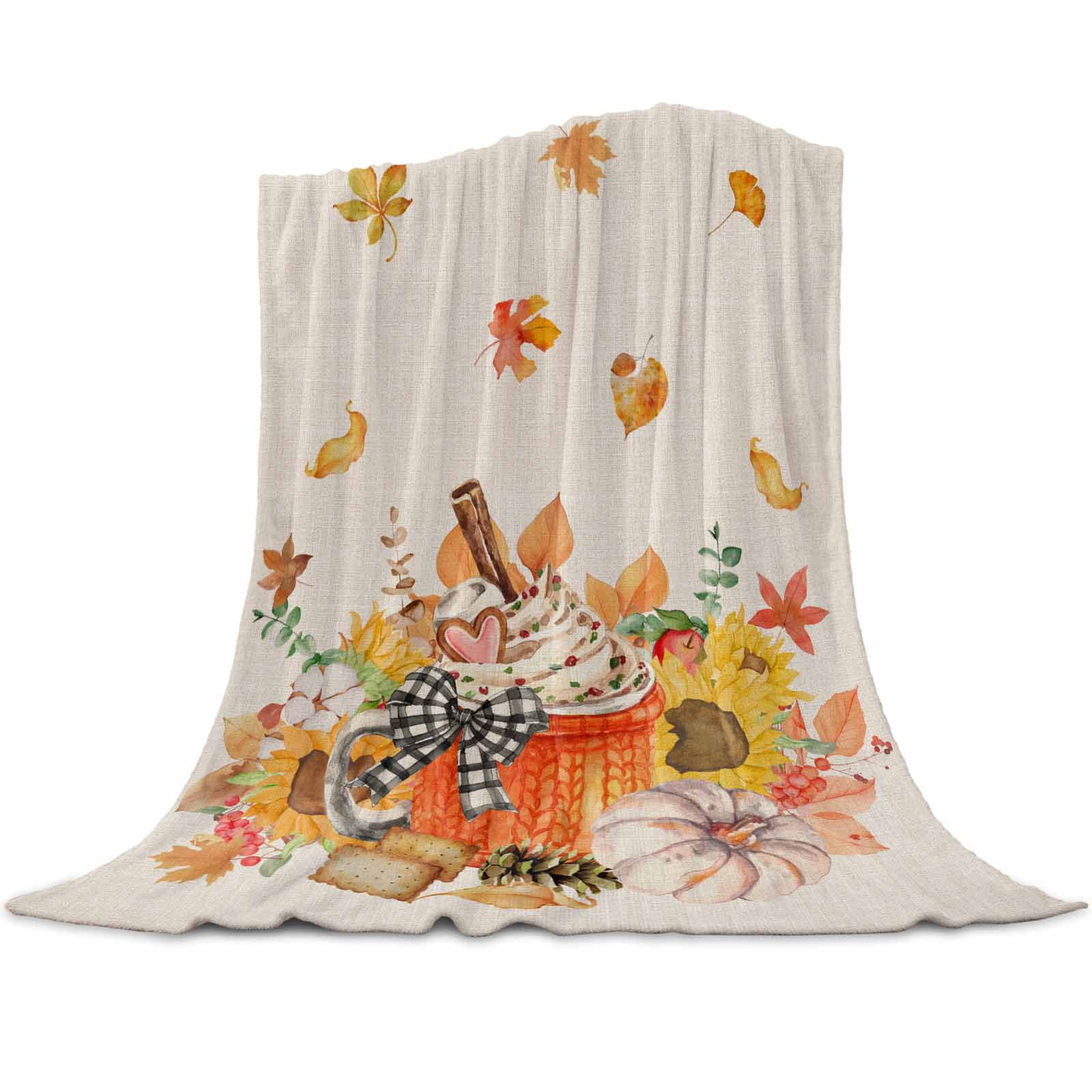 Fall Cappuccino Vintage Thanksgiving Pumpkin Leaf Flannel Blanket for ...