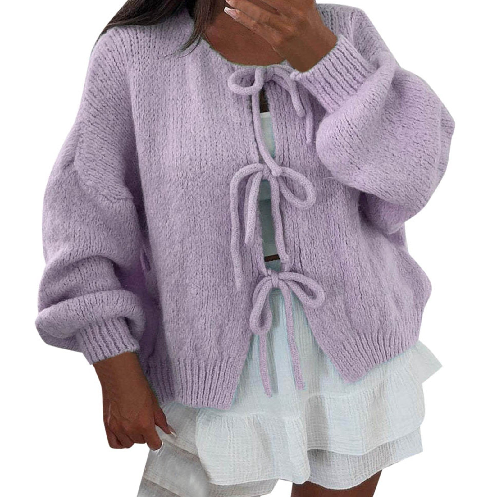 Fall Cardigans Women Fashion Three Quarter Sleeve Tie Front Sweater Round Neck Loose Bow Knitted ...