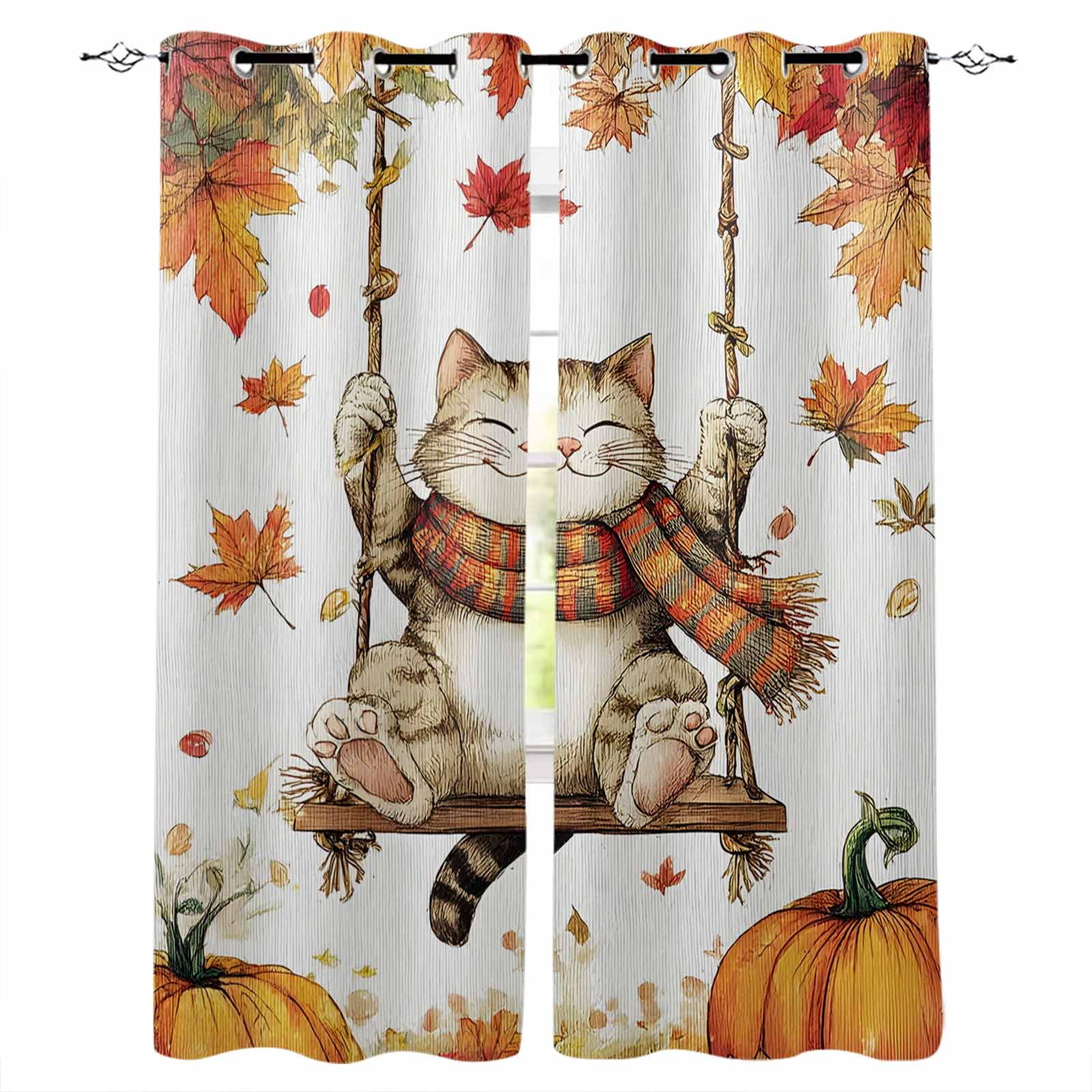 Fall Cat Blackout Curtains 63 Inches Long, Thanksgiving Orange Maple ...