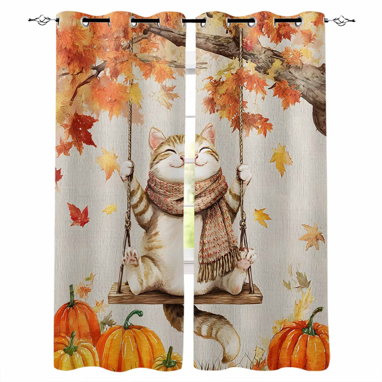 Fall Cat Blackout Curtains 72 Inches Long, Orange Maple Leaf Pumpkins ...