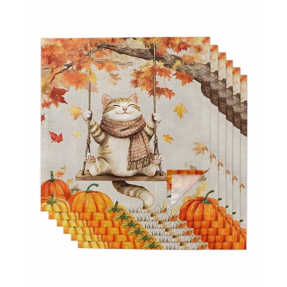 Fall Cat Cloth Napkins Set of 6 Reusable Dinner Napkins, Orange Maple ...