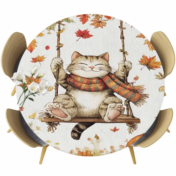 Fall Cat Round Tablecloth, Fitted Table Cover with Elastic for 45"-54 ...