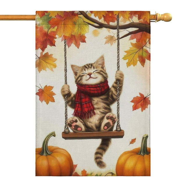 Fall Cat on Swing with Leaves and Pumpkins Fall Garden Flags 28"x40 ...