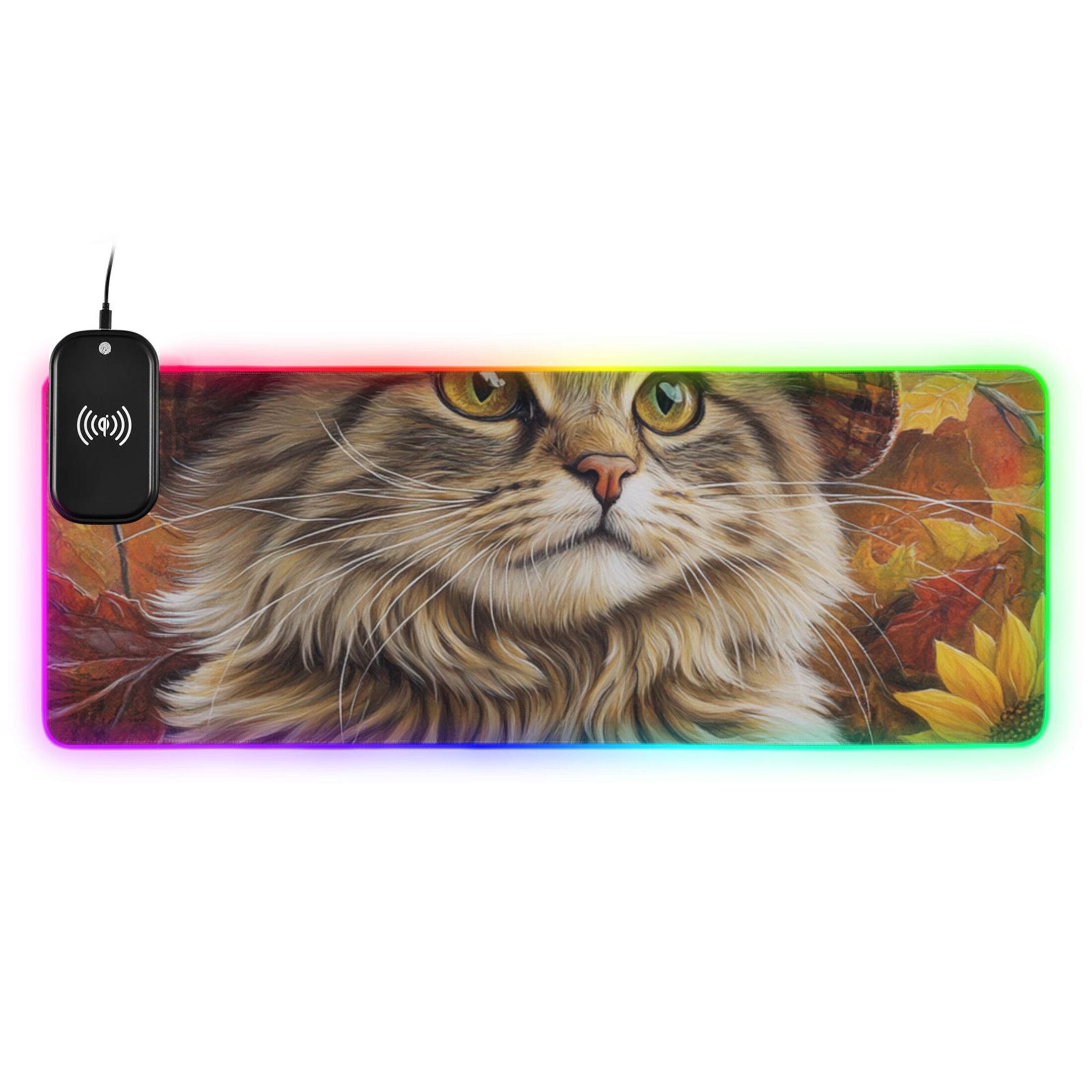 Fall Cat and Pumpkin Sunflowers Wireless Charging RGB Gaming Mouse Pad ...