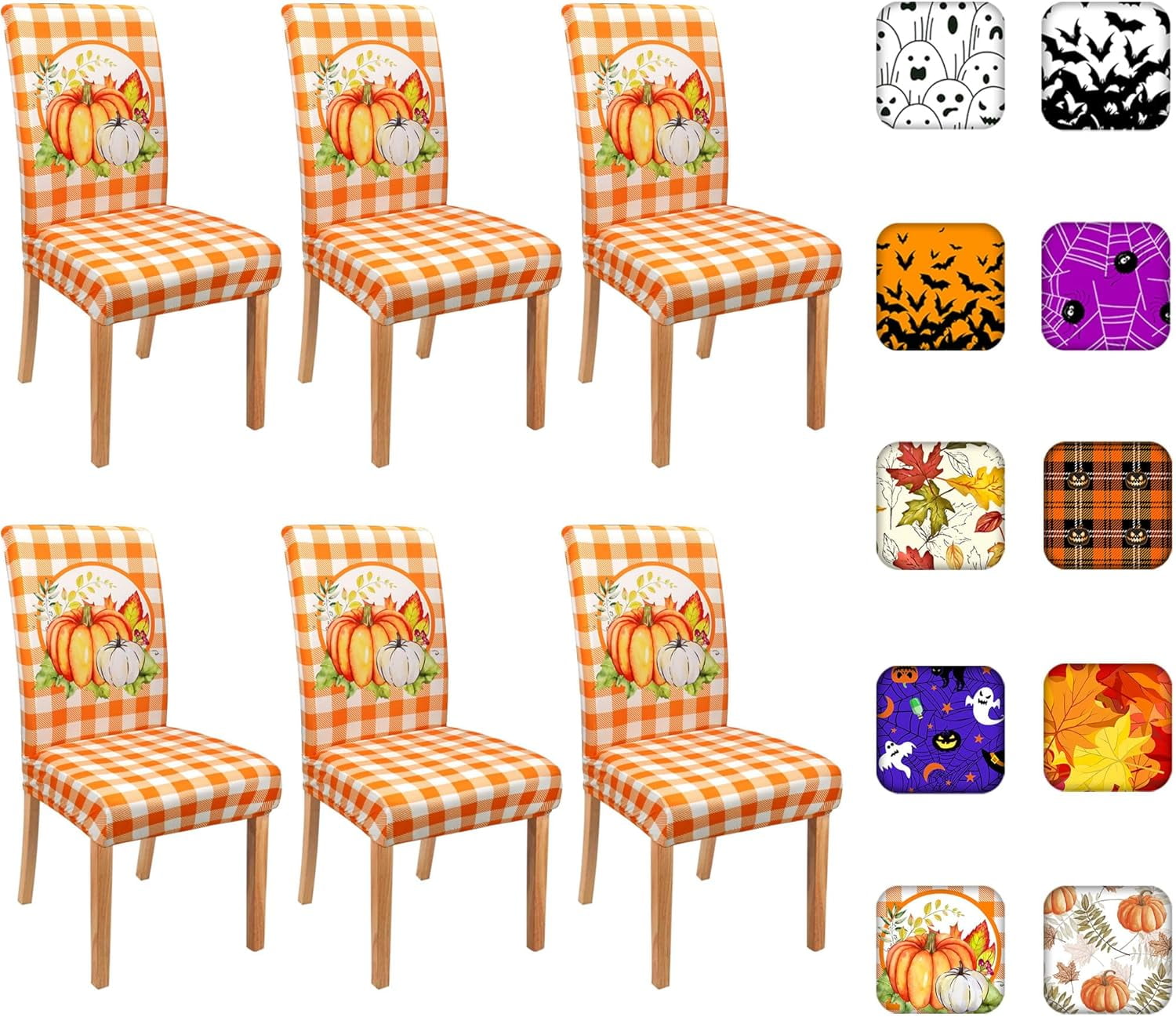 Fall Chair Covers for Dining Room Set of 6, Orange Buffalo Plaid ...