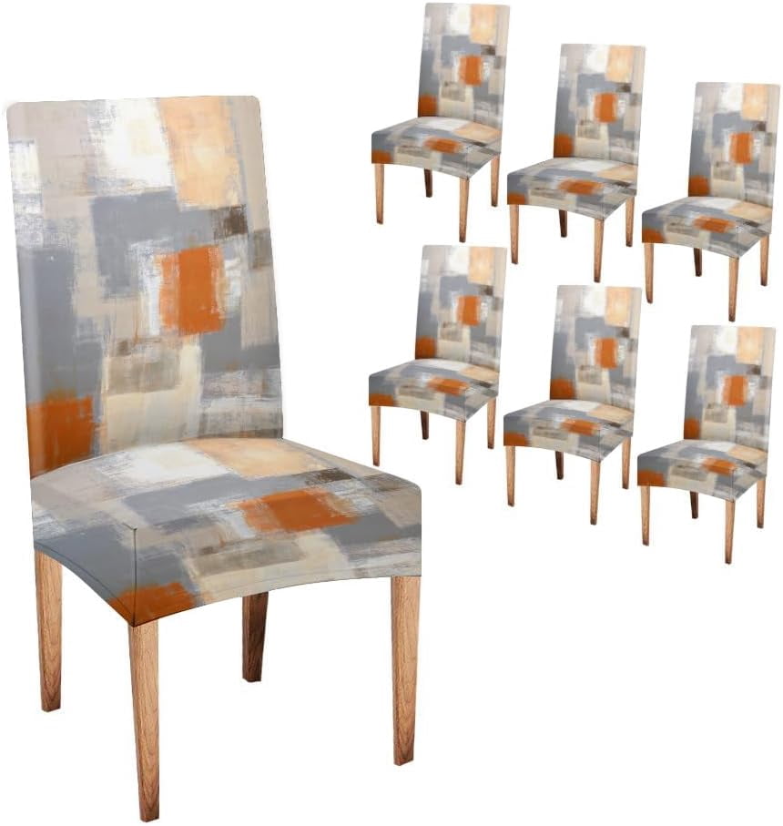 Fall Chair Covers Set of 6, Gray and Orange Abstract Art Dining Chairs ...