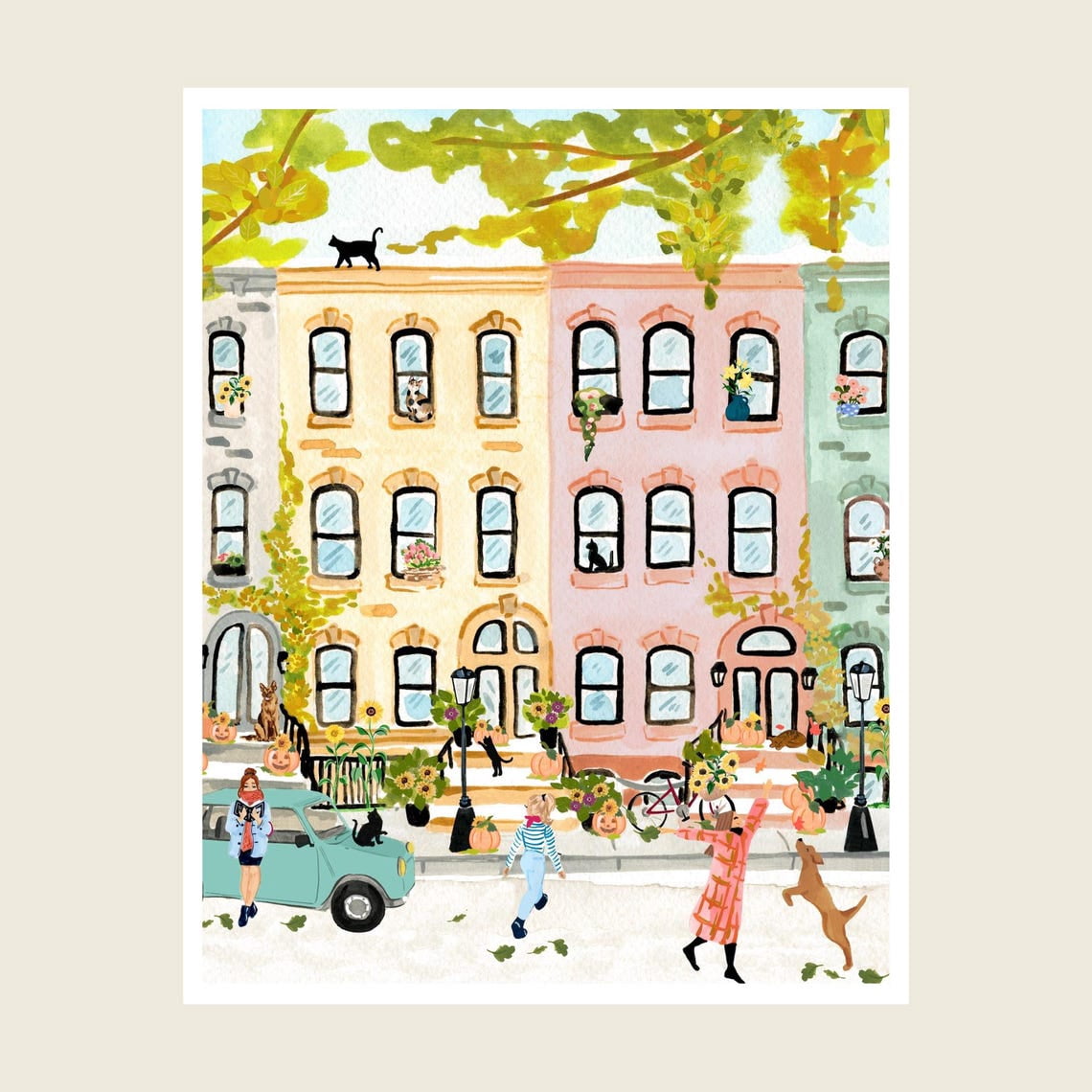 Fall City Art Poster Pastel Autumn Scene (Hand-Painted Gouache) Poster ...
