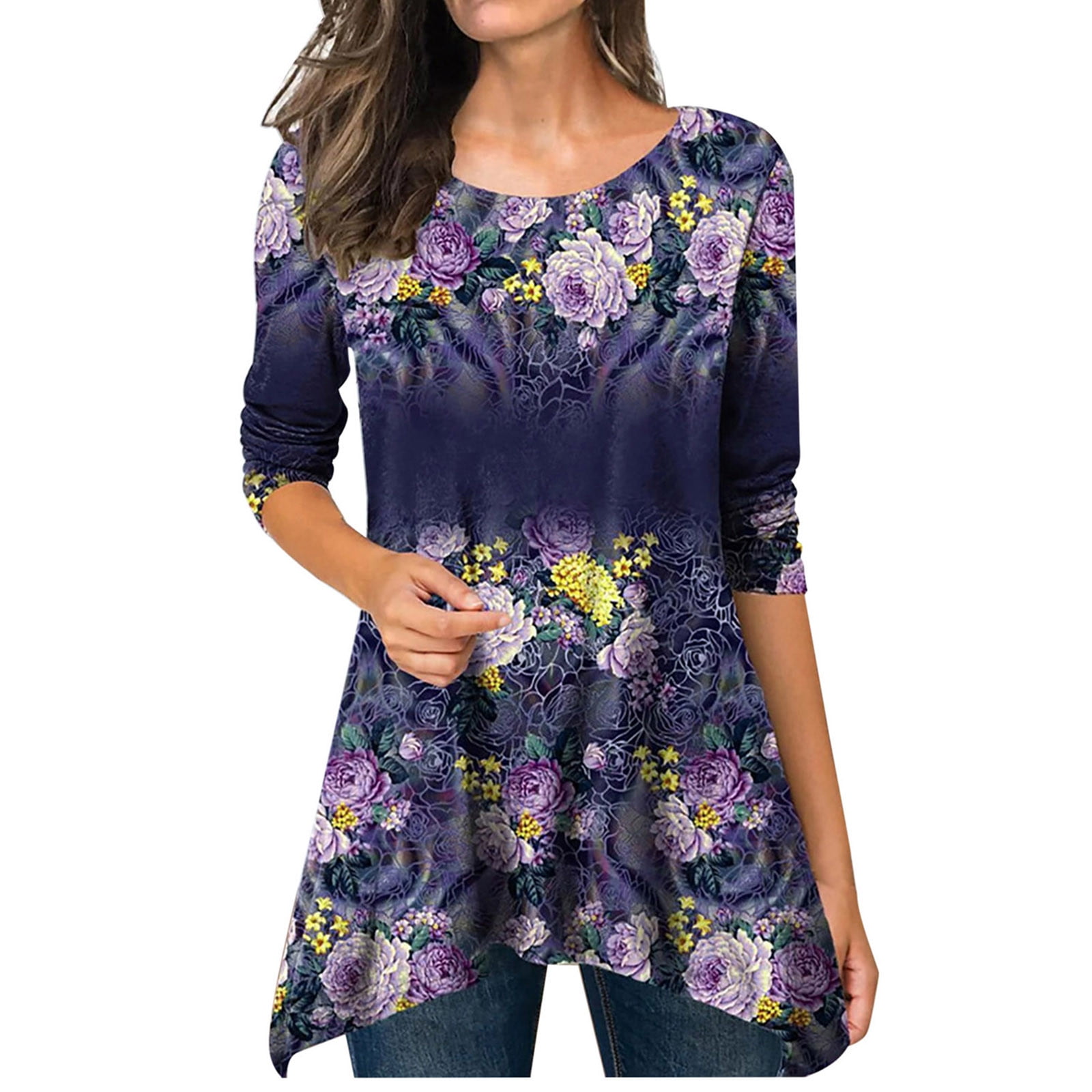 Fall Clothes For Women 2022 Crewneck Long Sleeve Shirt Floral Print ...