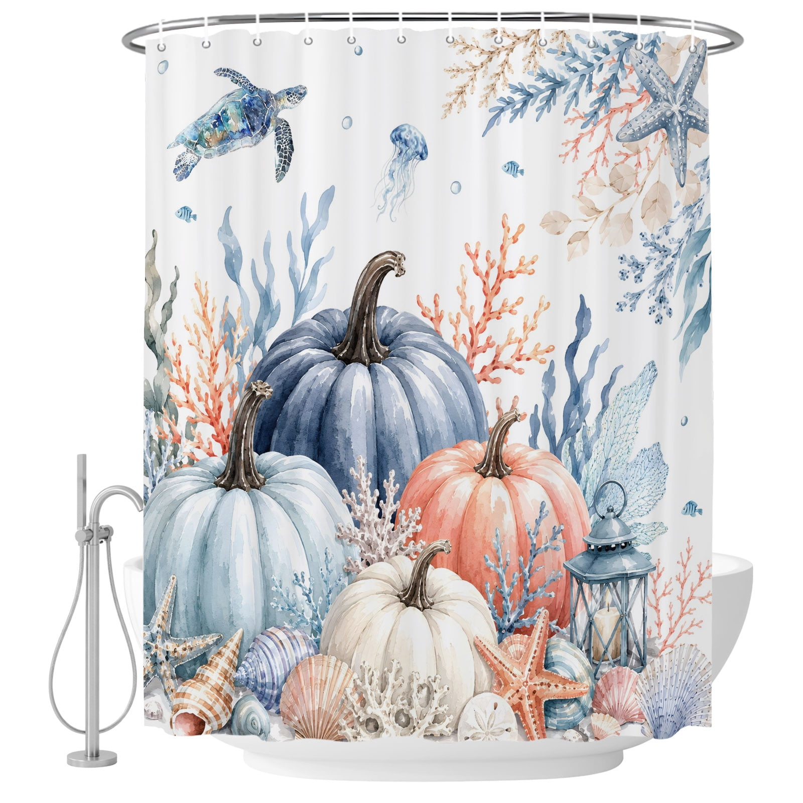 Fall Coastal Shower Curtain for Bathroom, Slate Blue Pumpkin Marine ...
