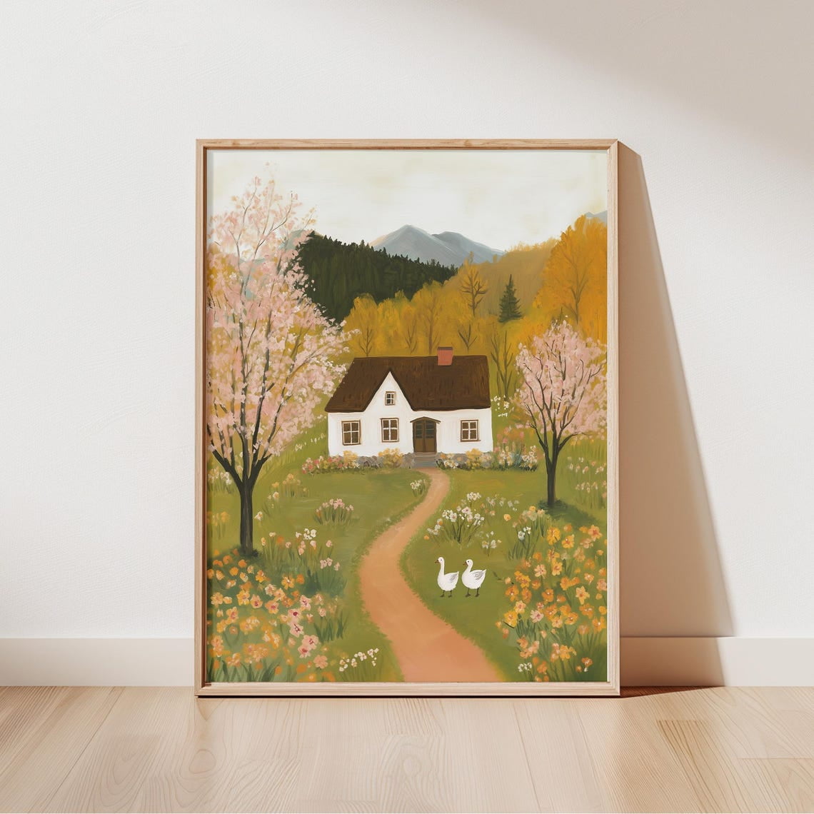 Fall Countryside Cottage Garden Folk Art Print Cozy Cottagecore Autumn ...