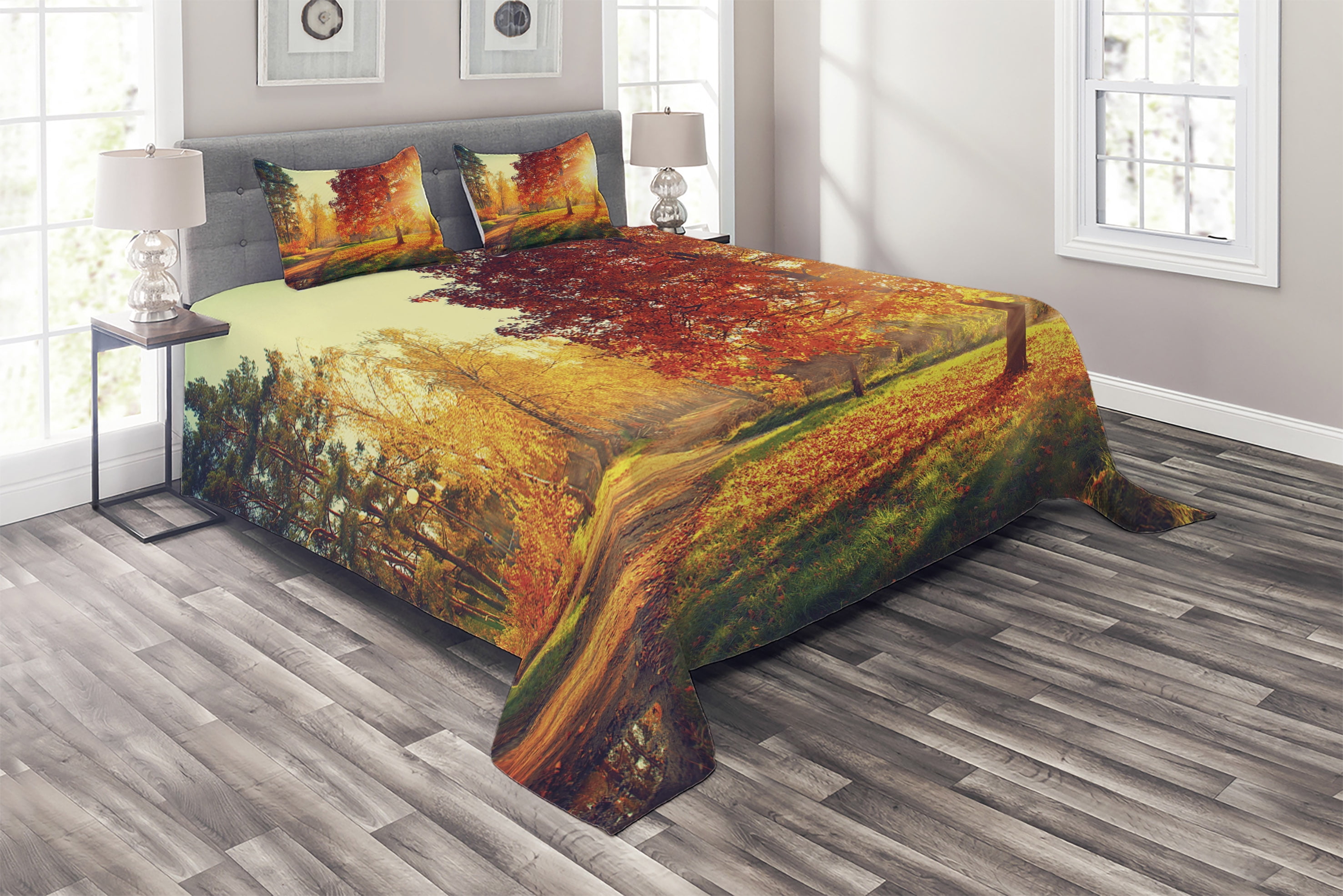 Ambesonne Fall Quilted Coverlet 3 Pcs, Misty Day in the Forest, King ...