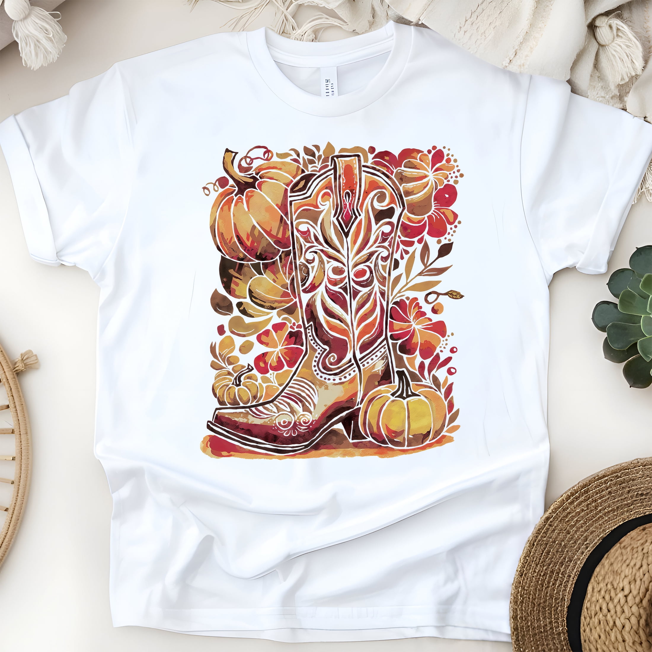 Fall Cowboy Boot Shirt Autumn Pumpkin Western Tee Rustic Country Top ...