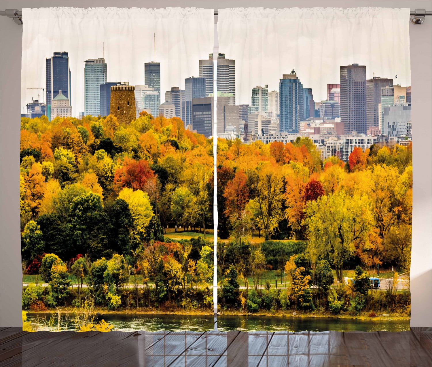 Ambesonne Fall Curtains 2 Panel Set, Montreal in Autumn Season, 108" x ...