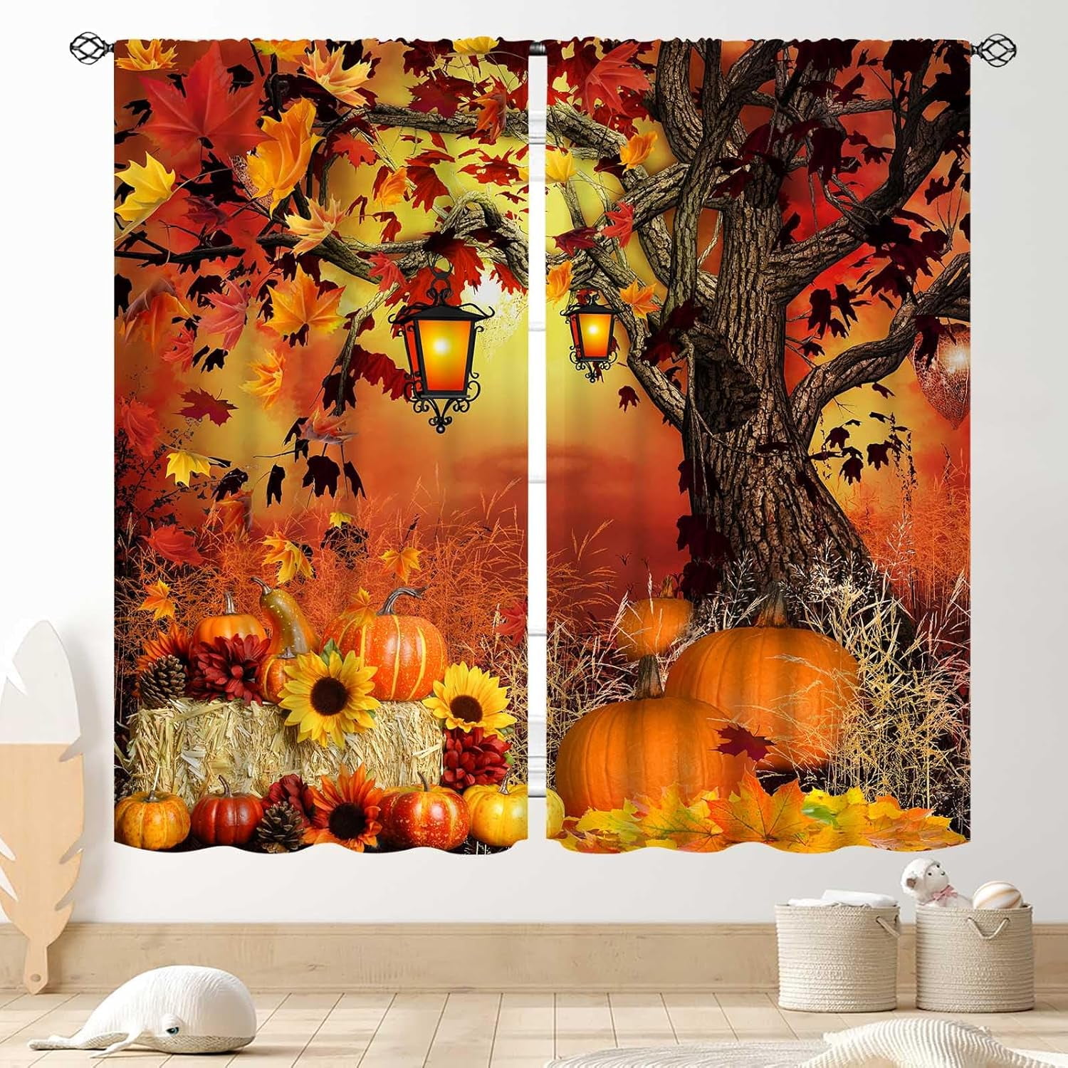 Fall Curtains, Farmhouse Rustic Autumn Landscape Field Scenery Orange ...