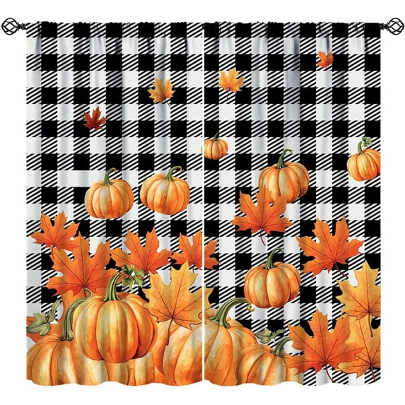 Fall Curtains Thanksgiving Maple Leaf Pumpkin Black White Buffalo Plaid ...