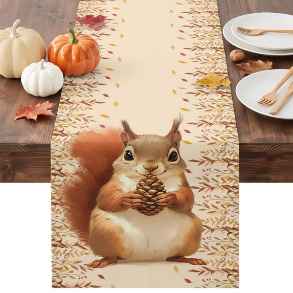 Fall Cute Dining Table Runner, Squirrel Holding Pine Cone Autumn Leaf ...