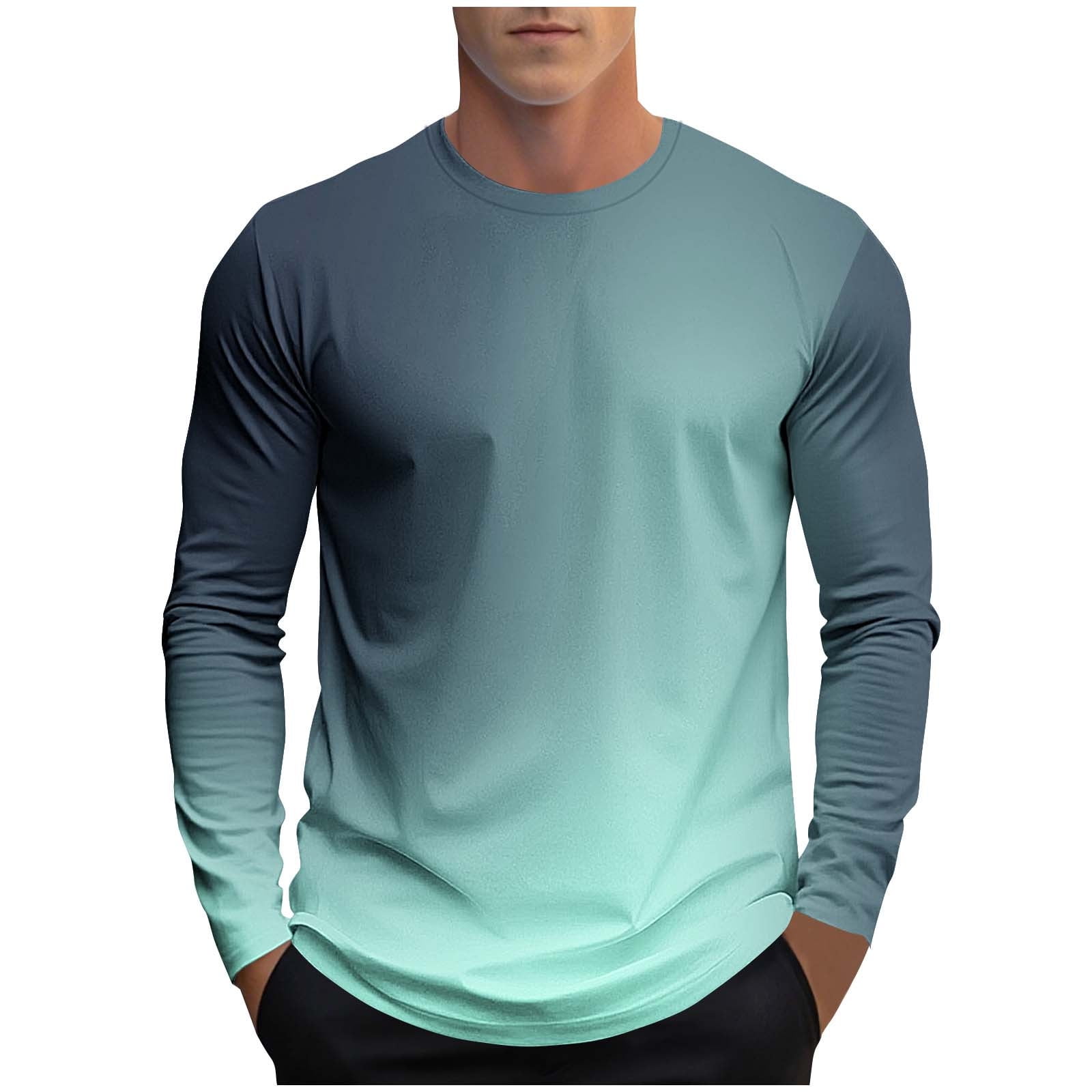 Fall Deals Mens Long Sleeve Tee Shirts Casual Stylish Gradient Color Fall Crewneck Basic ...