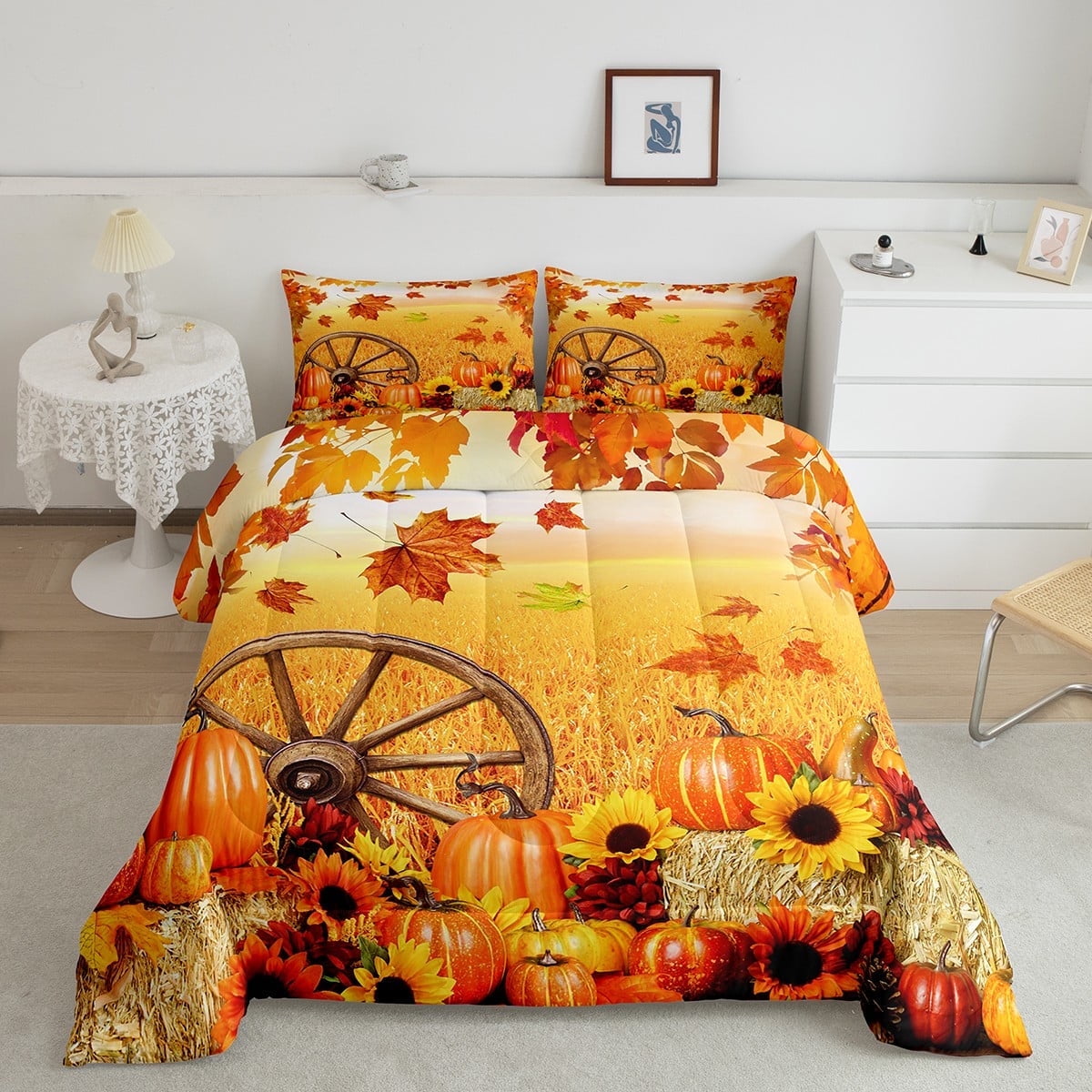 Fall Decor Comforter Set Queen Size Autumn Harvest Themed Bedding Women ...