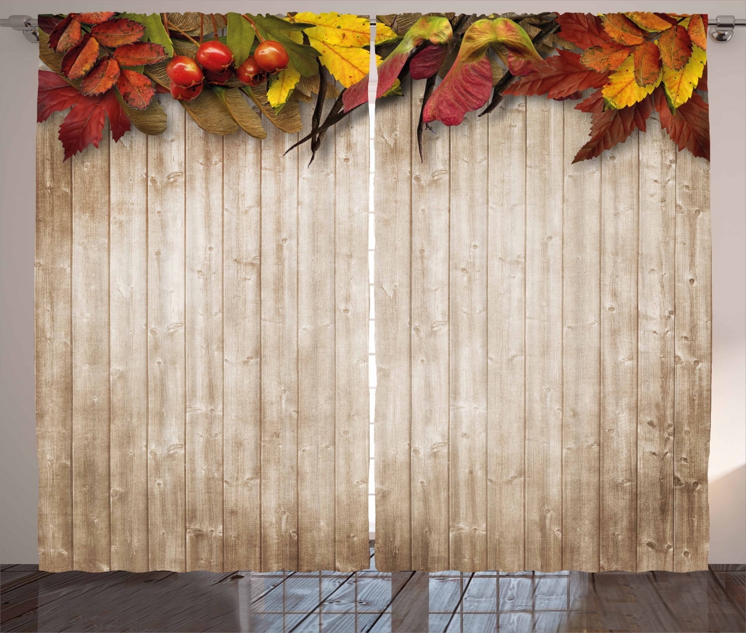 Ambesonne Fall Curtains 2 Panel Set, Dry Leaves Berries Vivid, 108" x ...