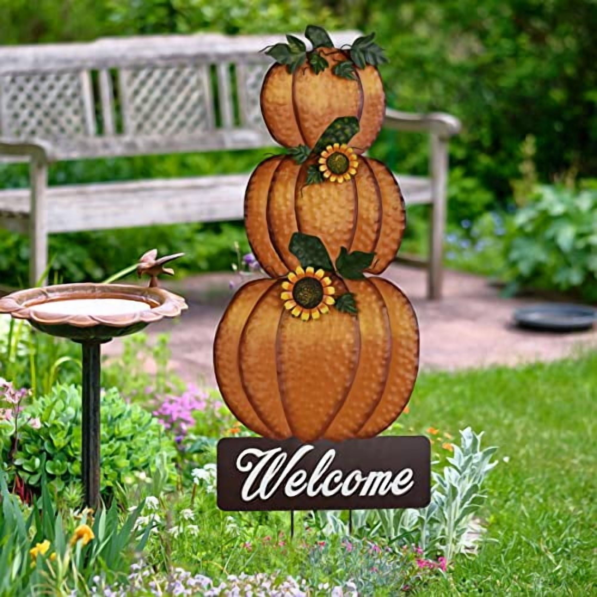Fall Decor Metal Pumpkin Stake Decorative Welcome Sign Stacked Pumpkins ...