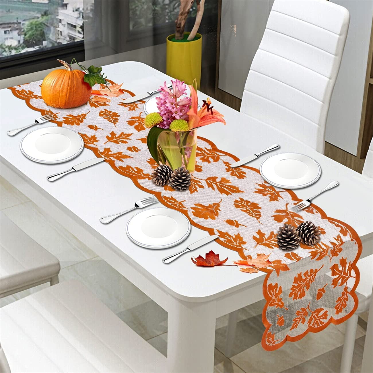 Fall Decor Table Runner Thanksgiving Decor,Orange Maple Leaf Lace Table Runner Fall Decorations ...