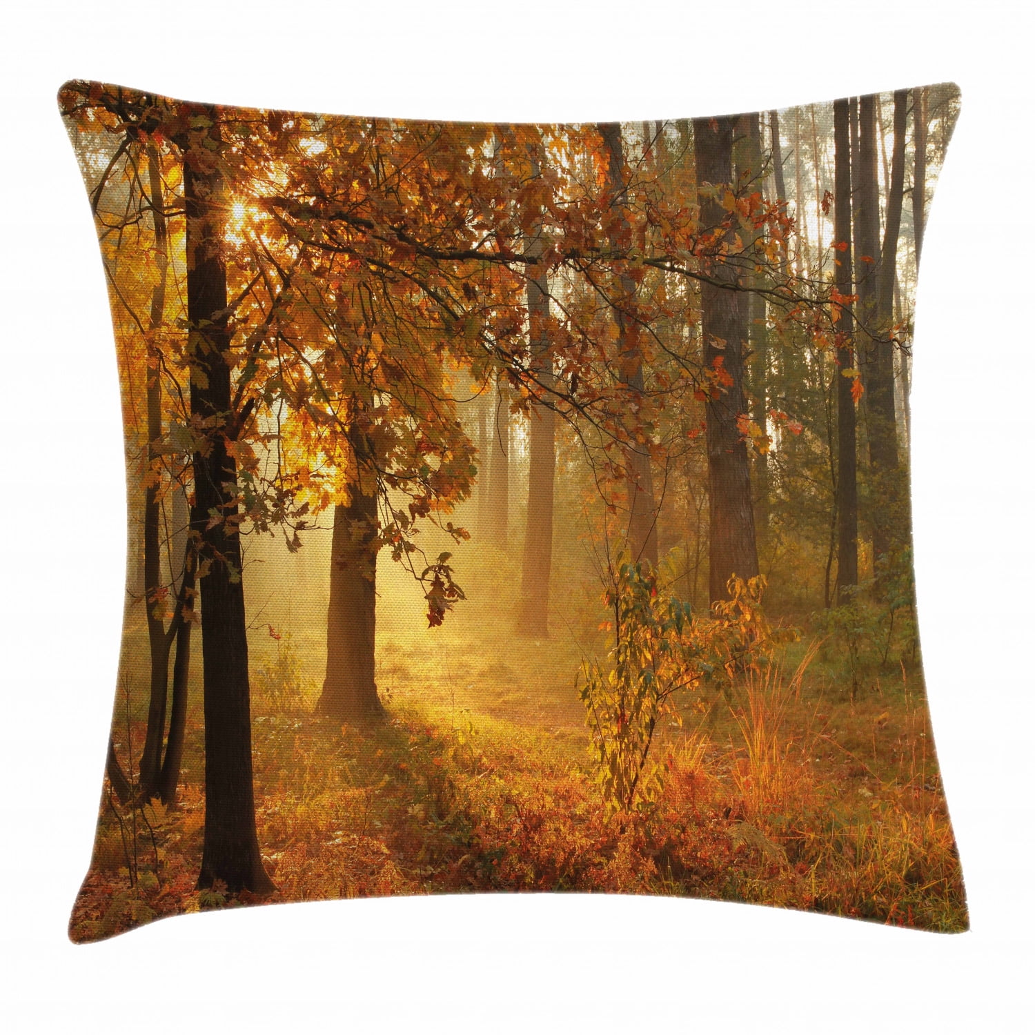 Fall Decor Throw Pillow Cushion Cover, Misty Autumn Forest with Rising ...