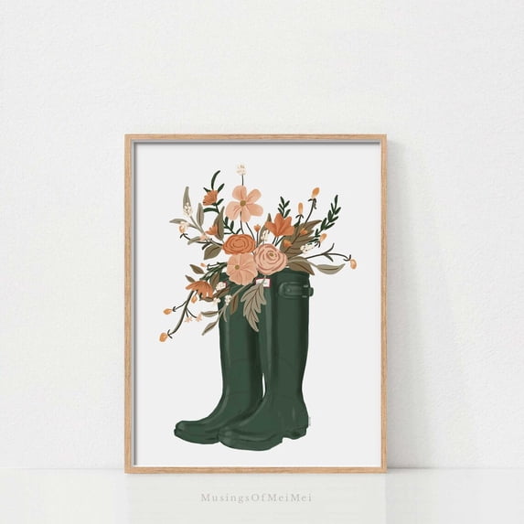 Fall Decor Wellies Boot Poster Botanical Posterfall Foliage Autumn ...