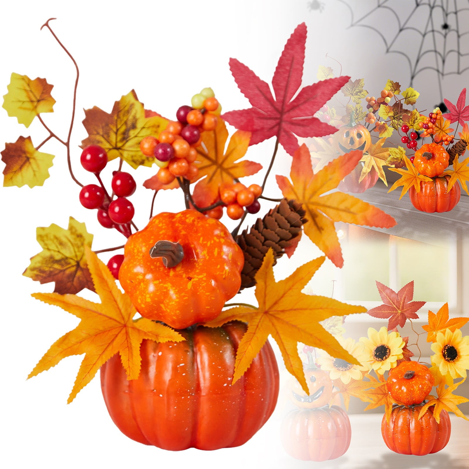 Fall Decorations for Home, Artificial Plastic Pumpkins with Fall Leaves ...