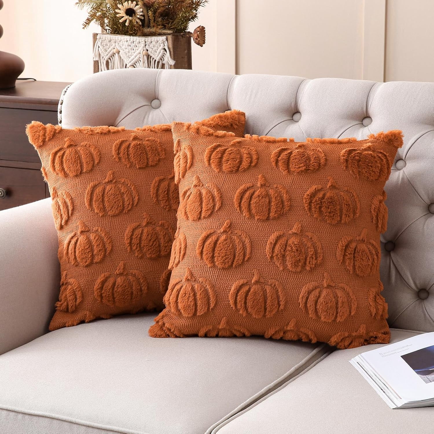 Fall Decorative Throw Pillow Covers 18x18 Inches Set of 2, Soft Rust ...
