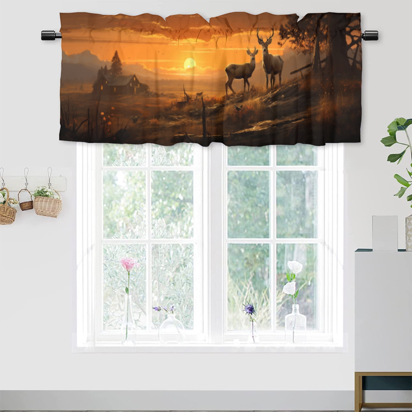 Fall Deer Forest Kitchen Valance Curtain Rod Pocket Wildlife Animal Elk ...