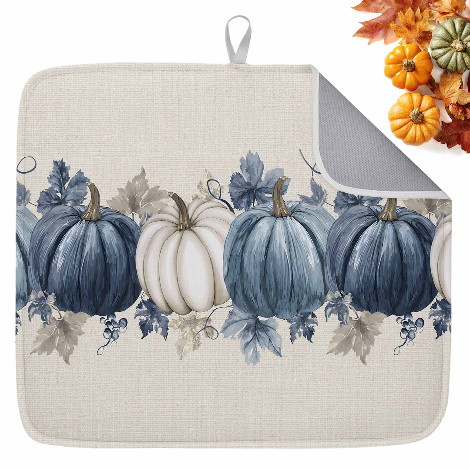 Fall Dish Drying Mat for Kitchen Counter Blue White Pumpkin Drying Pad ...