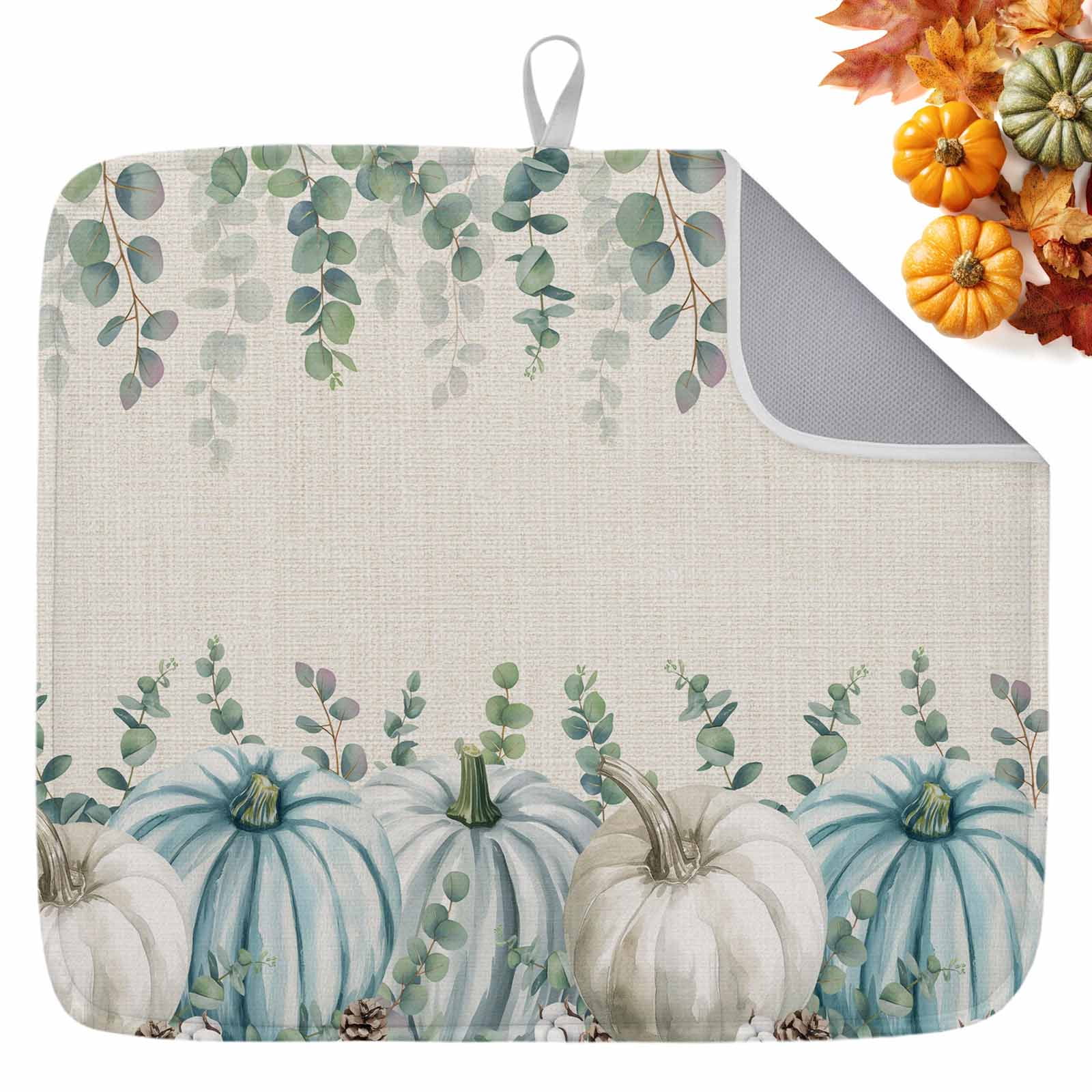 Fall Dish Drying Mat for Kitchen Counter Blue White Pumpkin Drying Pad ...