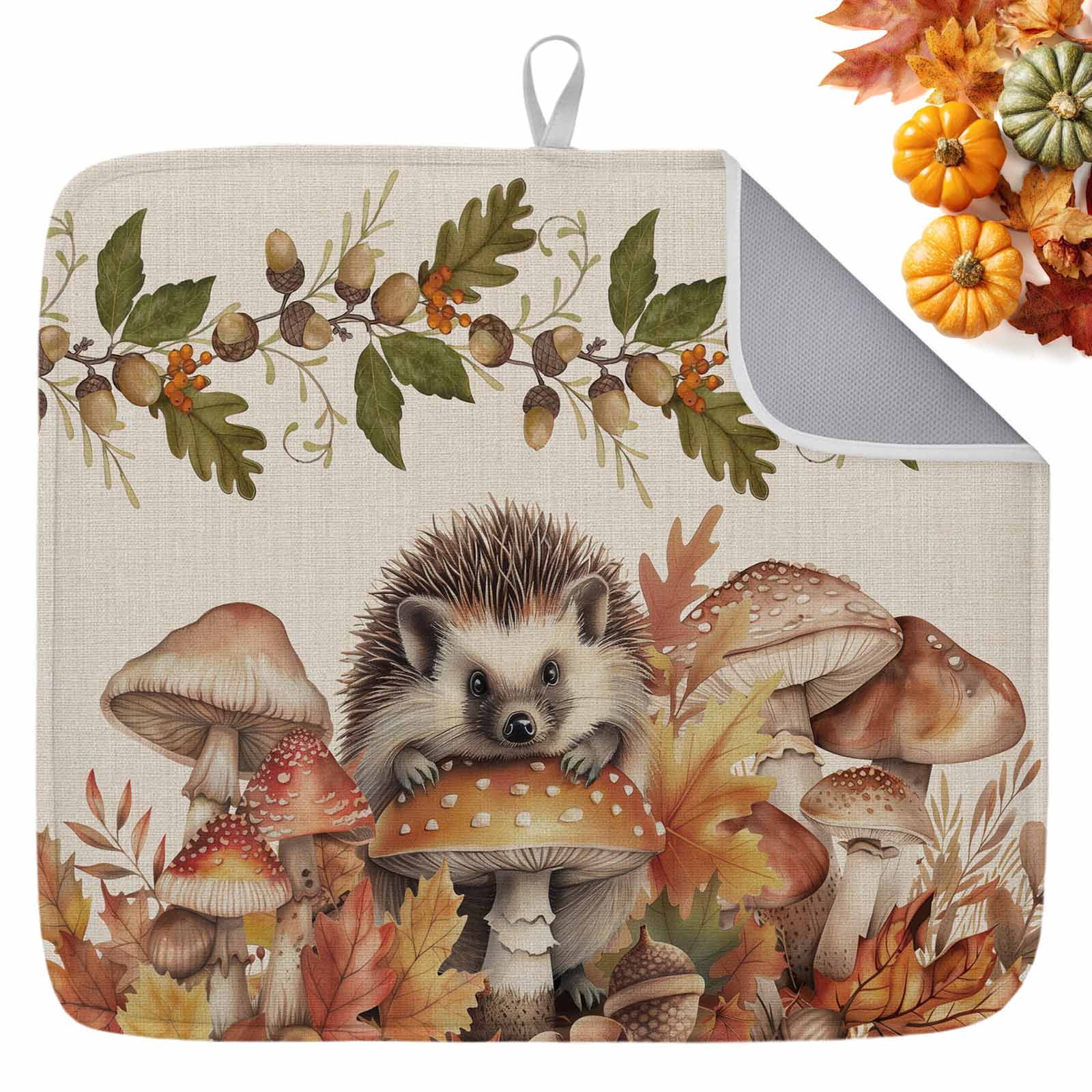 Fall Dish Drying Mat for Kitchen Counter Hedgehog Pine Cone Mushroom ...