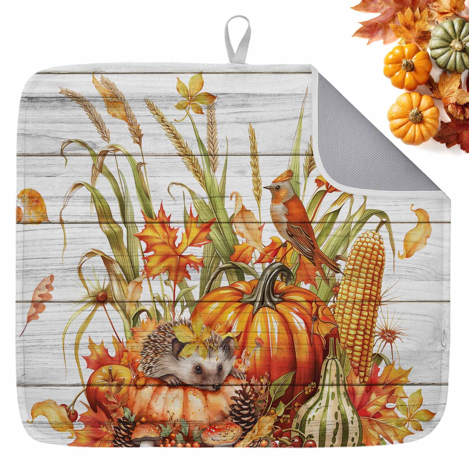 Fall Dish Drying Mat for Kitchen Counter Hedgehog Pumpkin Corn Drying ...